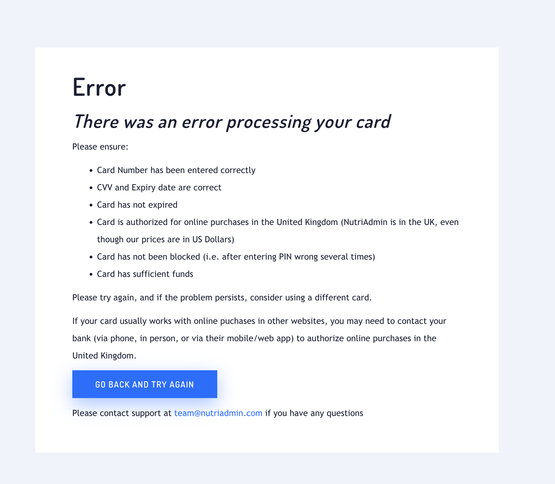 Troubleshoot NutriAdmin Payment Errors